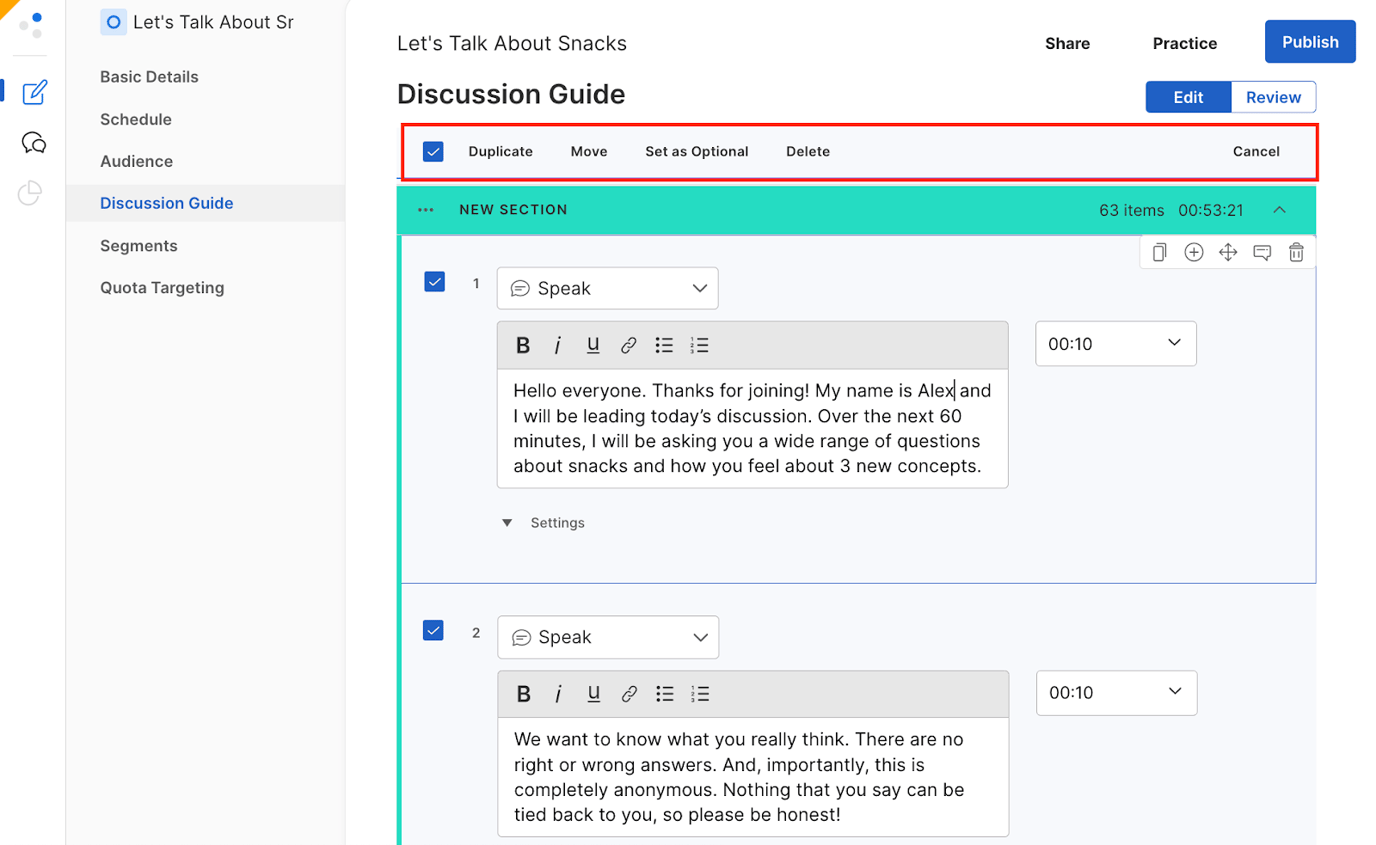In-Platform Discussion Guide Builder